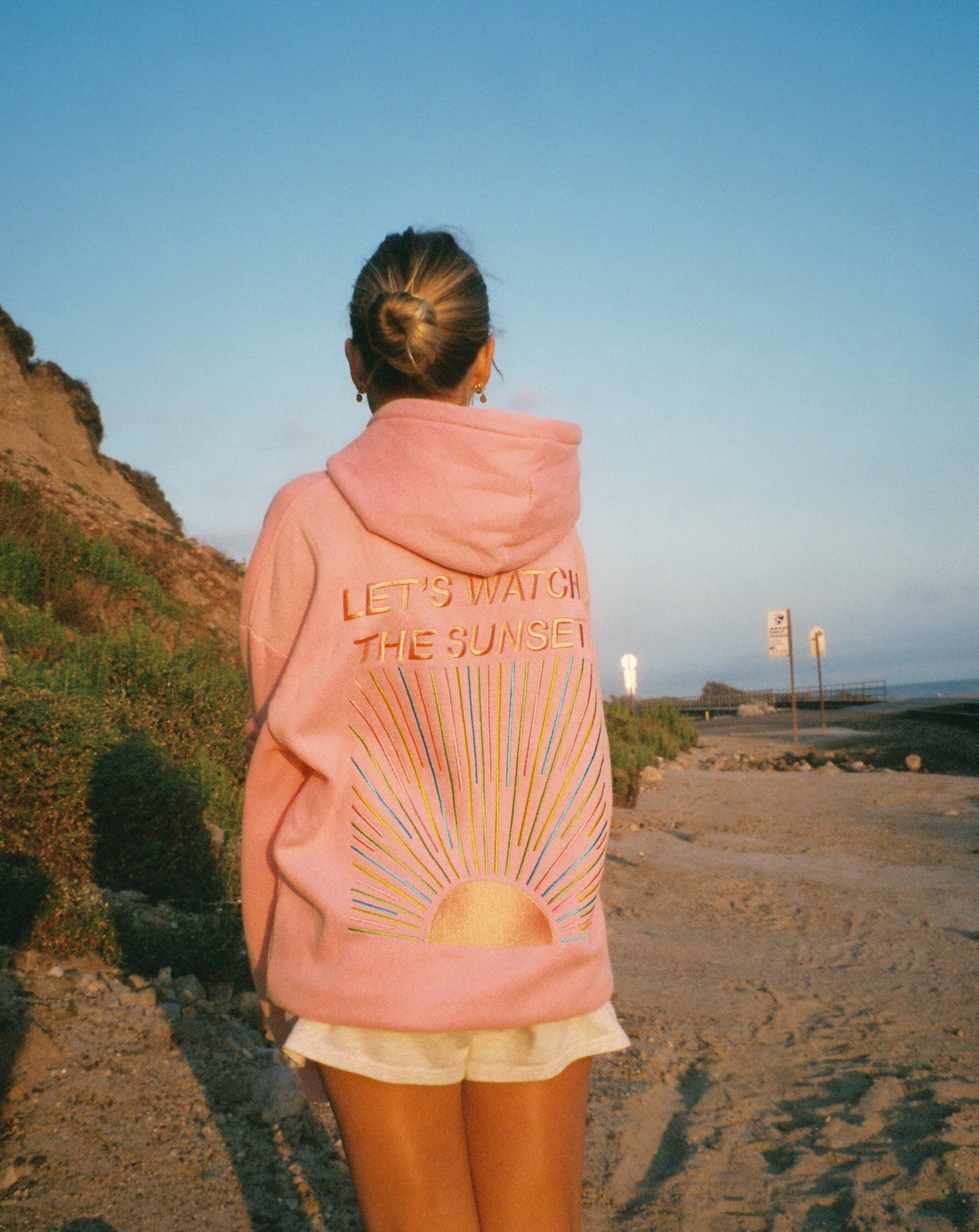 "Let's Watch the Sunset" Embroidered Hoodie in Pink – Dandy Worldwide