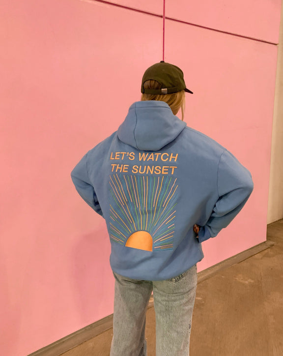 "Let's Watch the Sunset" Embroidered Hoodie in Blue – Dandy Worldwide