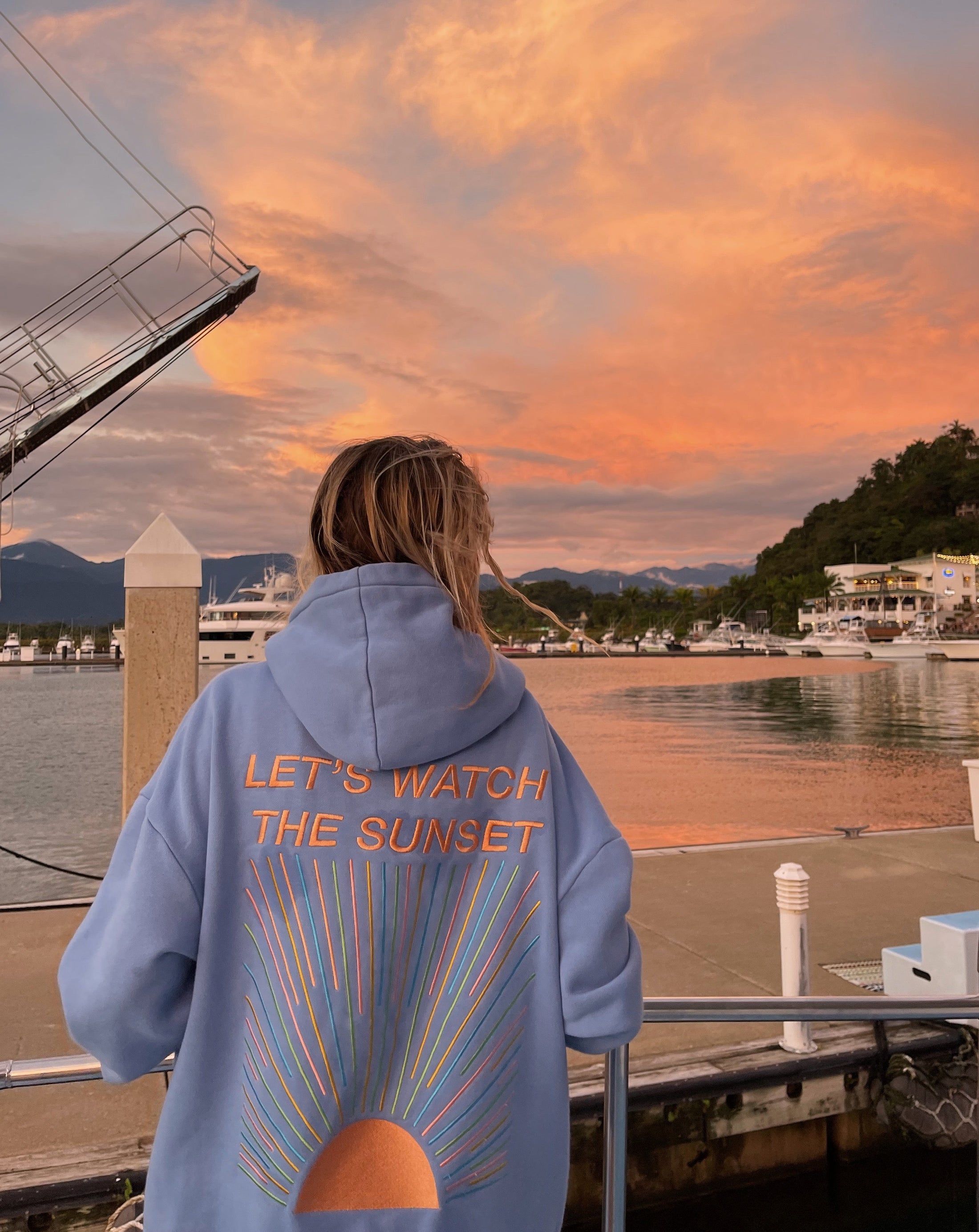 "Let's Watch the Sunset" Embroidered Hoodie in Blue – Dandy Worldwide